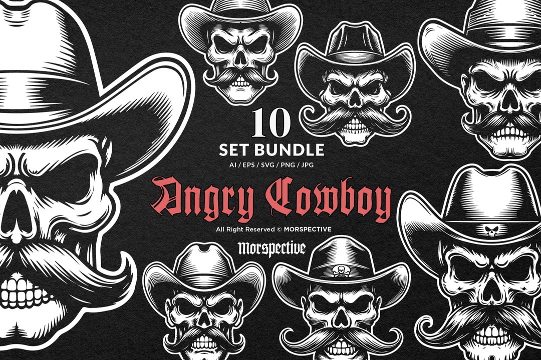 10 Bundle Dark Art Angry Cowboy Skull Head With Hat Black and White ...