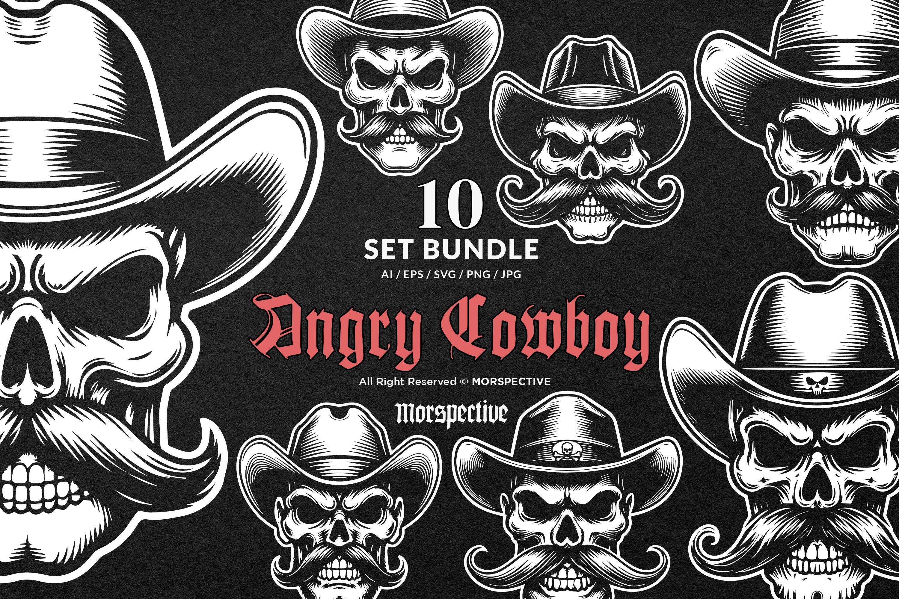 10 Bundle Dark Art Angry Cowboy Skull Head With Hat Black and White ...