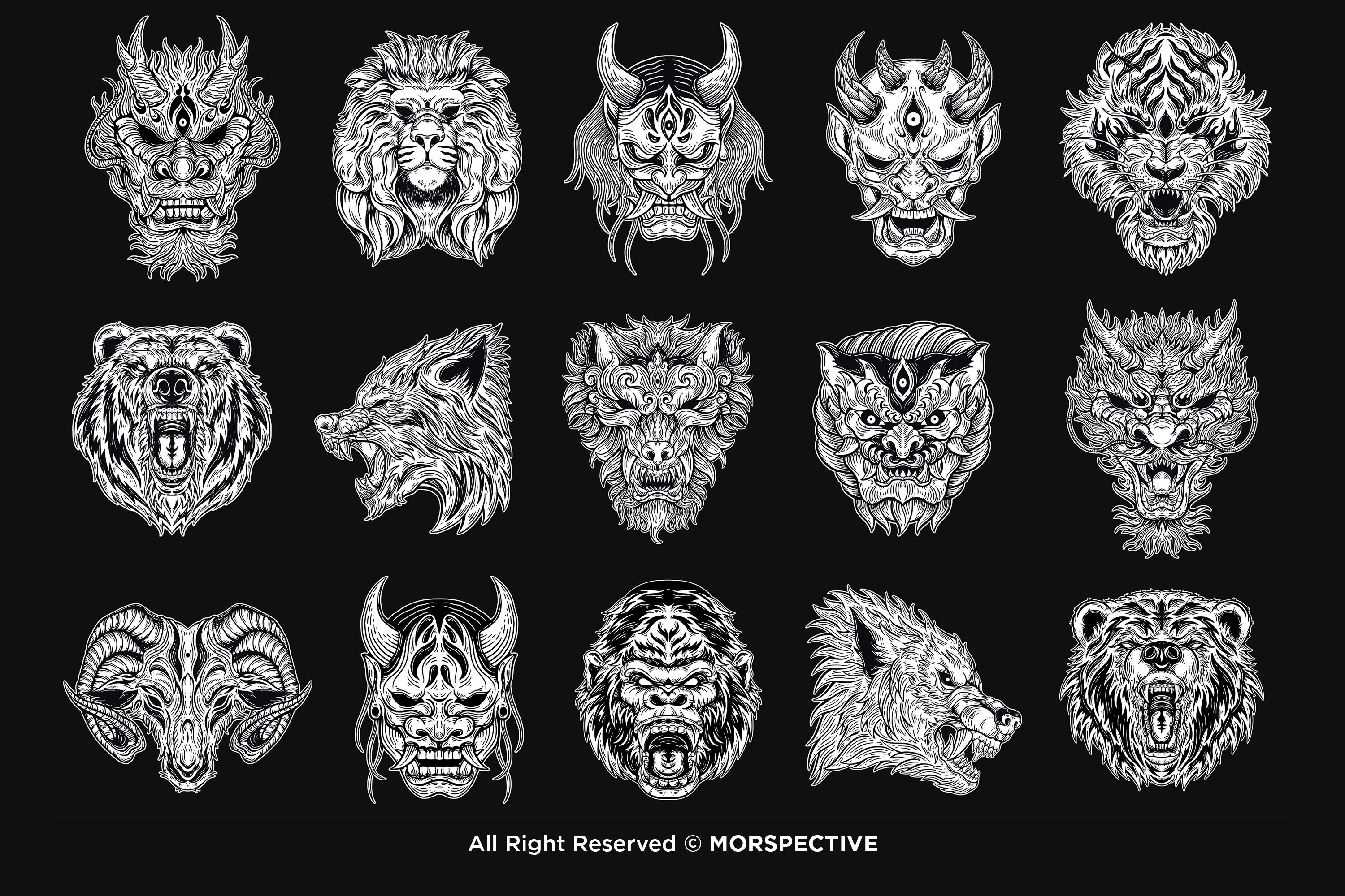 15 Set Bundle Beast Animal and Mask Dark Art Tattoo Beast Merchendise ...