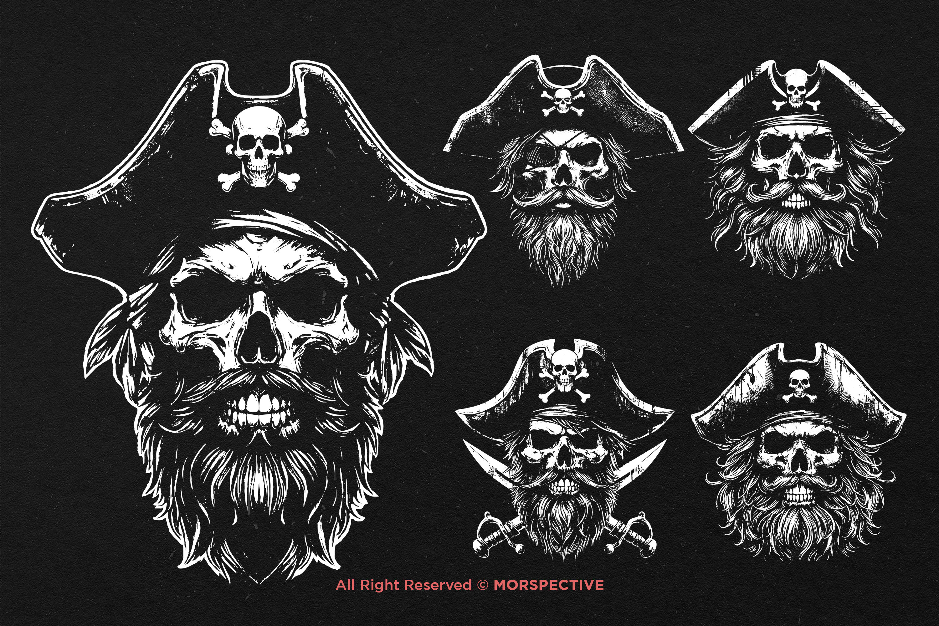 10 Bundle Dark Art Skull Pirates Captain With Hat Marine Grunge Vintage ...