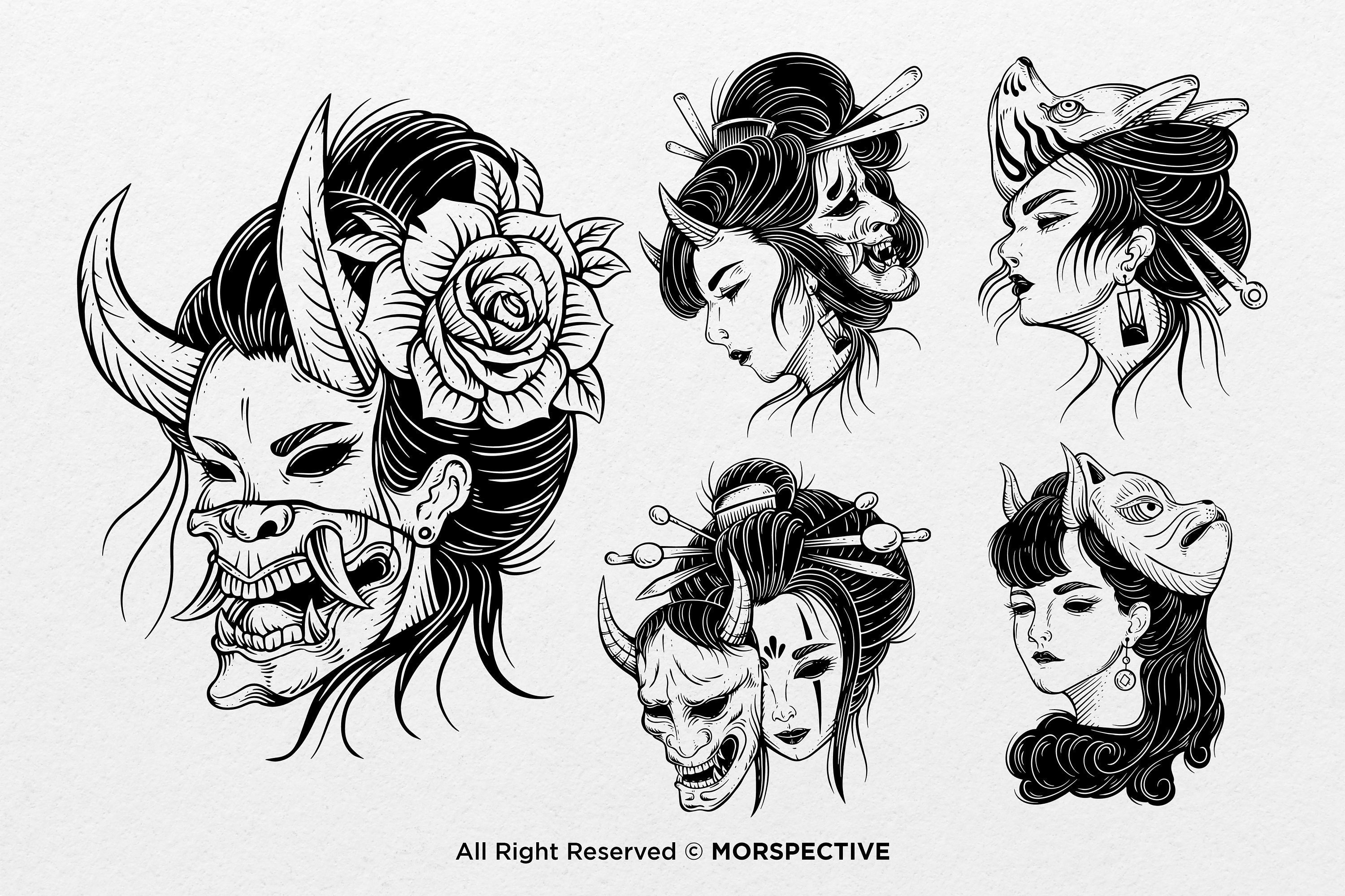 15 Bundle Japanese Girl Head Anime Rose Geisha Woman Skull Mask Tattoo ...