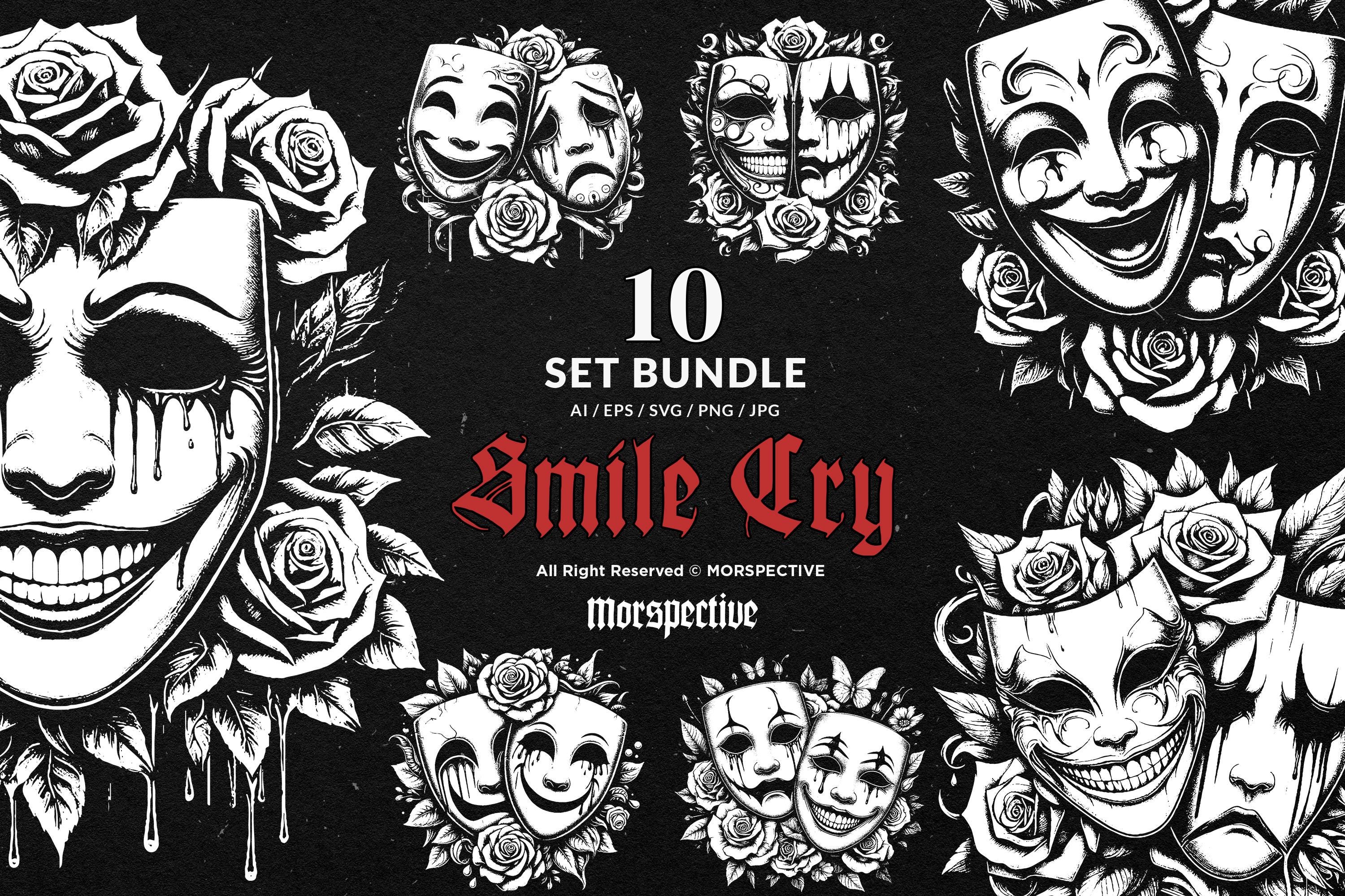 10 Bundle Dark Art Smile and Cry Mask Happy Sad Laugh and Crying Tattoo ...