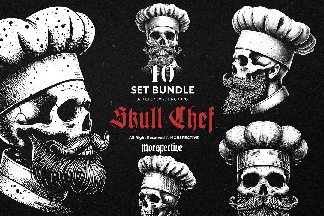 10 Bundle Dark Art Skull Chef Cooking Skeleton Head With Hat Hand Drawn ...