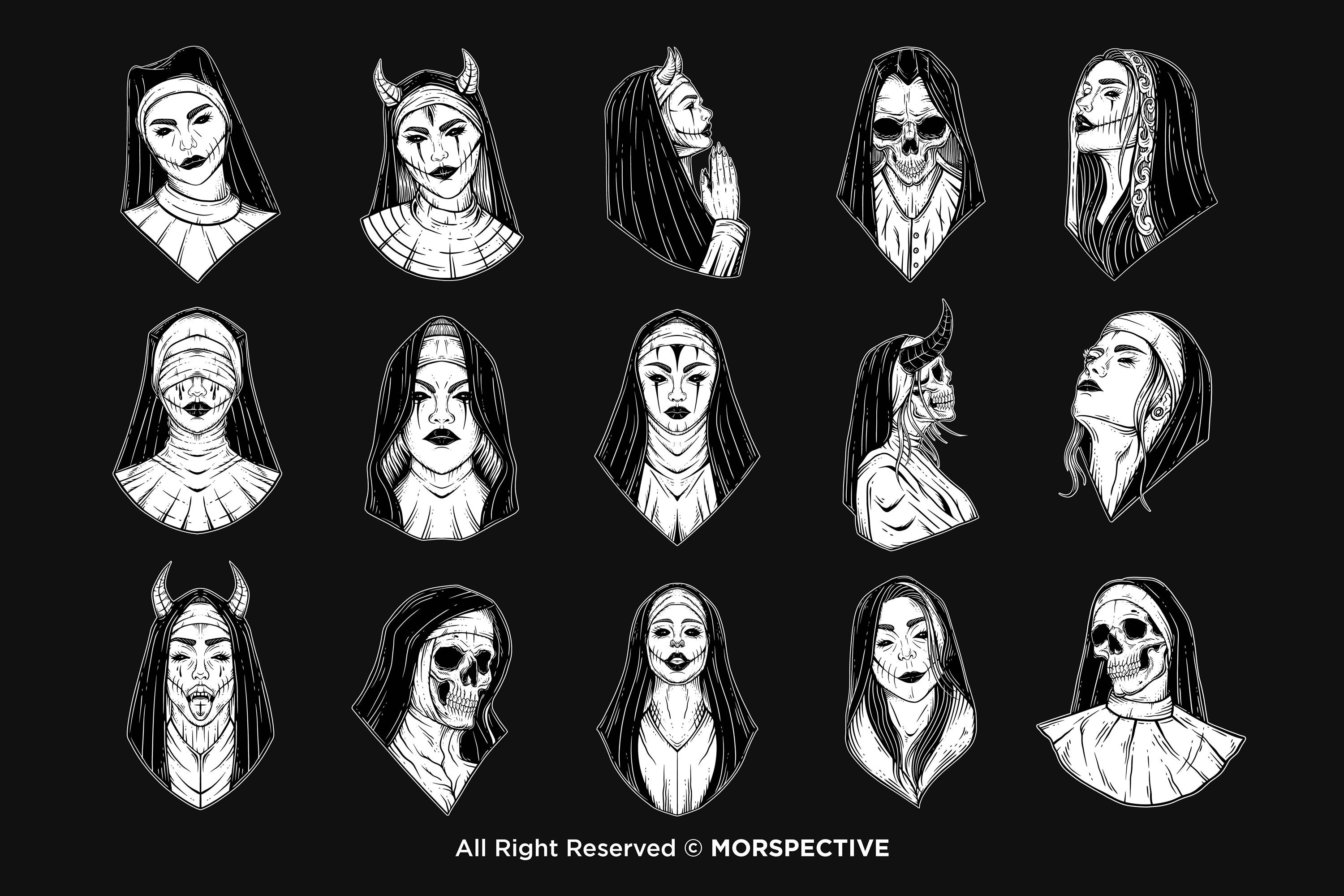 15 Bundle Dark Nun Prayer Girl Skull Horror Ghost Tattoo Clipart ...