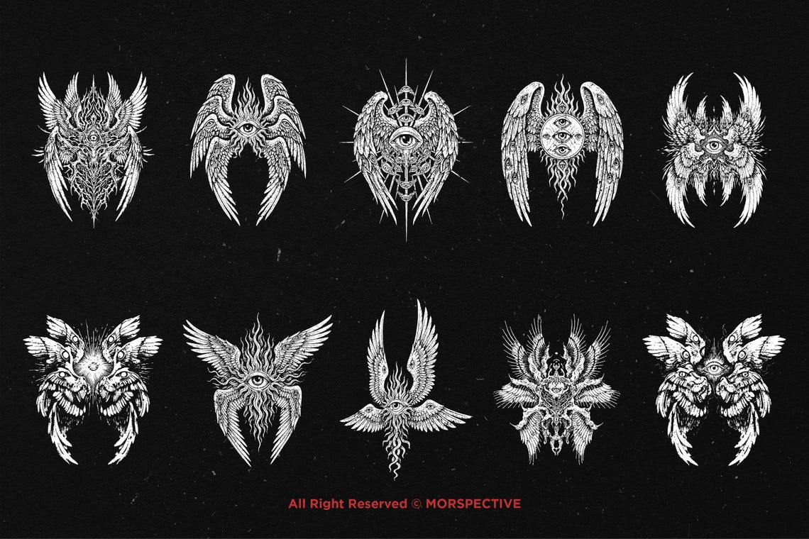 10 Bundle Dark Art Seraphim Wings the Watcher Angel Eye White Tattoo ...