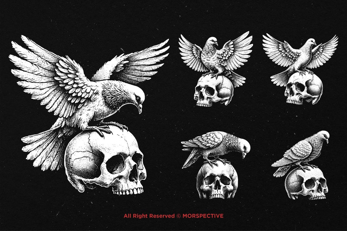 10 Bundle Dark Art Dove Standing on Skull Gothic Horror Pigeon Bird ...