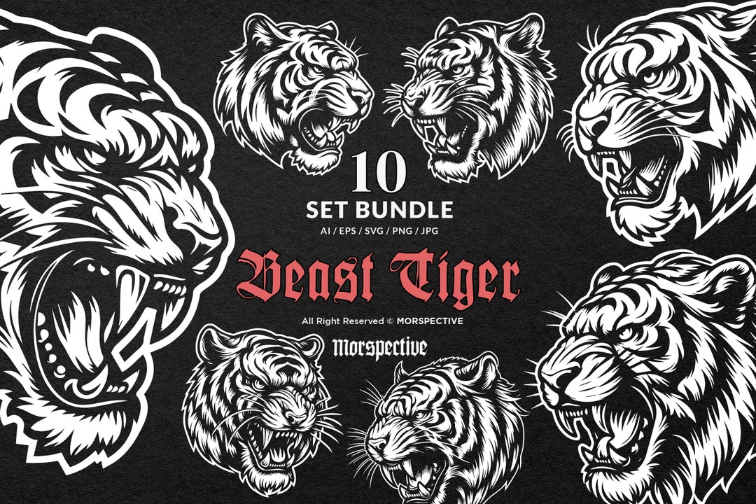 10 Bundle Dark Art Angry Beast Tiger Head Black and White Illustration ...