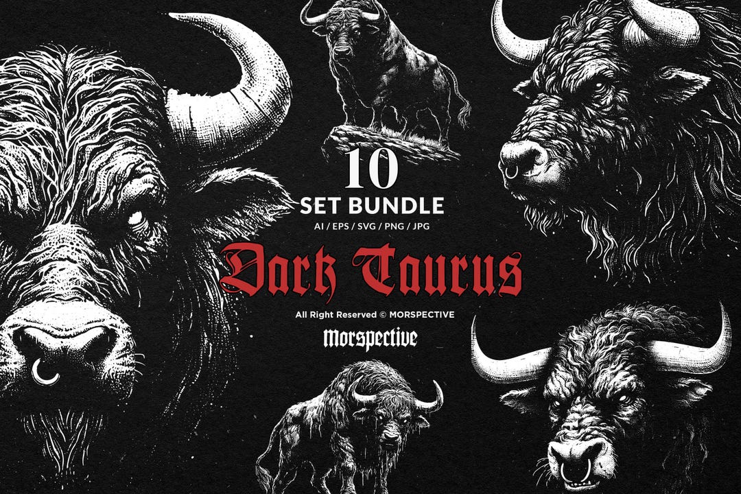 10 Bundle Dark Art Taurus Beast Bull Zodiac Animal With Horn Tattoo ...