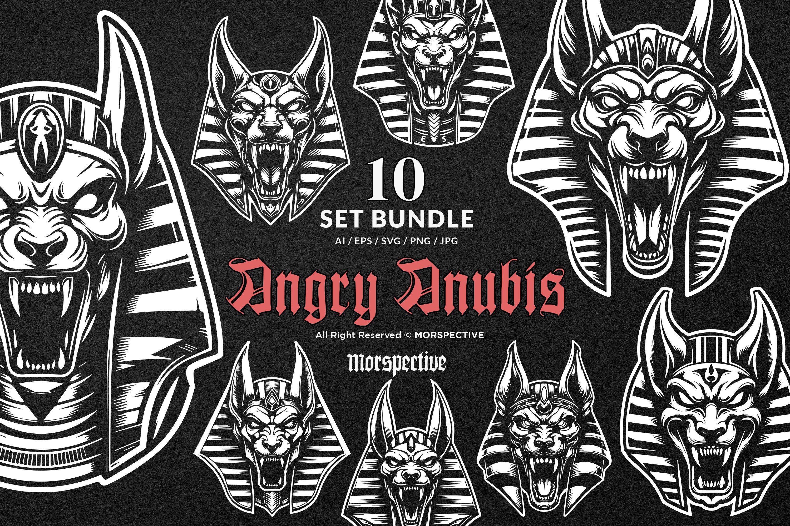 10 Bundle Dark Art Angry Anubis Head Black and White Illustration ...