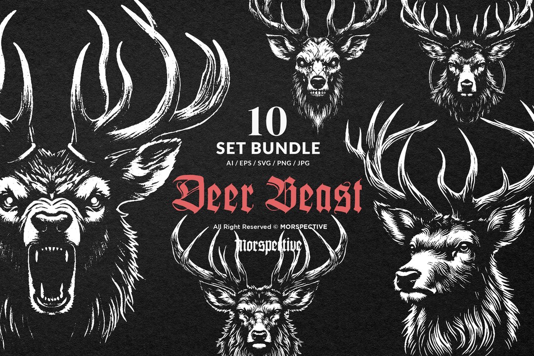 10 Bundle Dark Art Deer Stag Beast Big Horn Animal Skull Horror Vintage ...