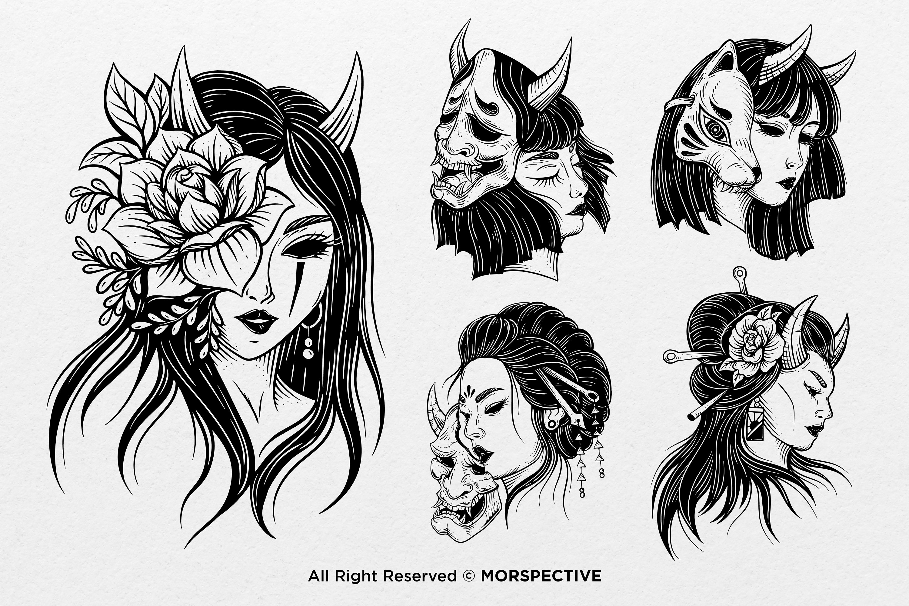 15 Bundle Japanese Girl Head Anime Rose Geisha Woman Skull Mask Tattoo ...