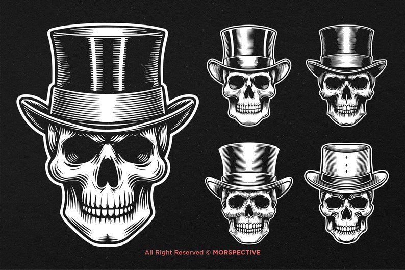 10 Bundle Dark Art Magician Skull Head Hat Black and White Illustration ...