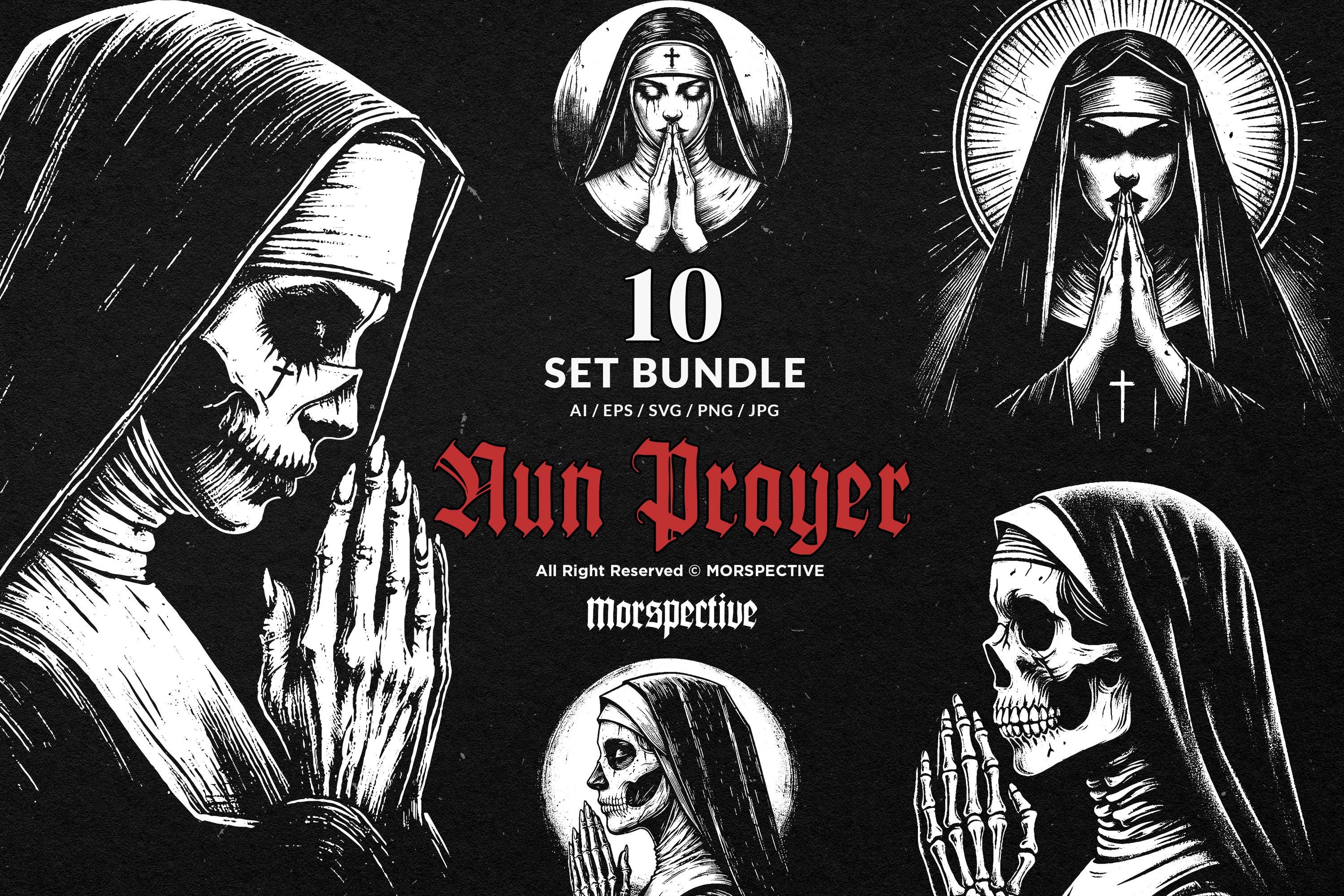 10 Bundle Dark Art Nun Prayer Horror Ghost Scary Creepy Tattoo Clipart ...