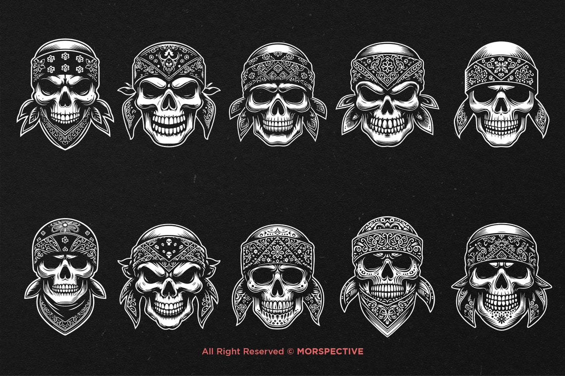 10 Bundle Dark Art Bandana Skull Head With Slayer Black and White ...