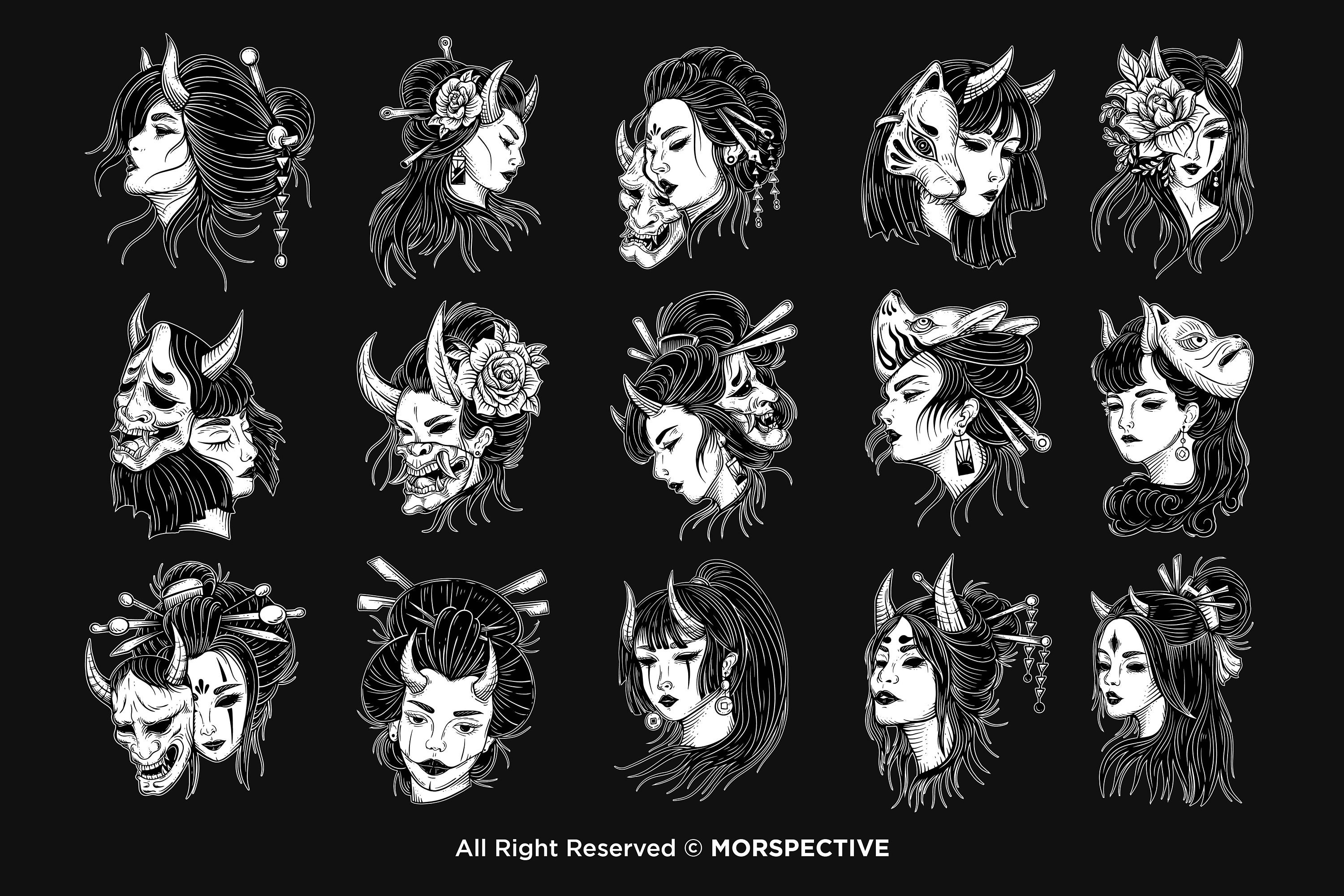 15 Bundle Japanese Girl Head Anime Rose Geisha Woman Skull Mask Tattoo ...