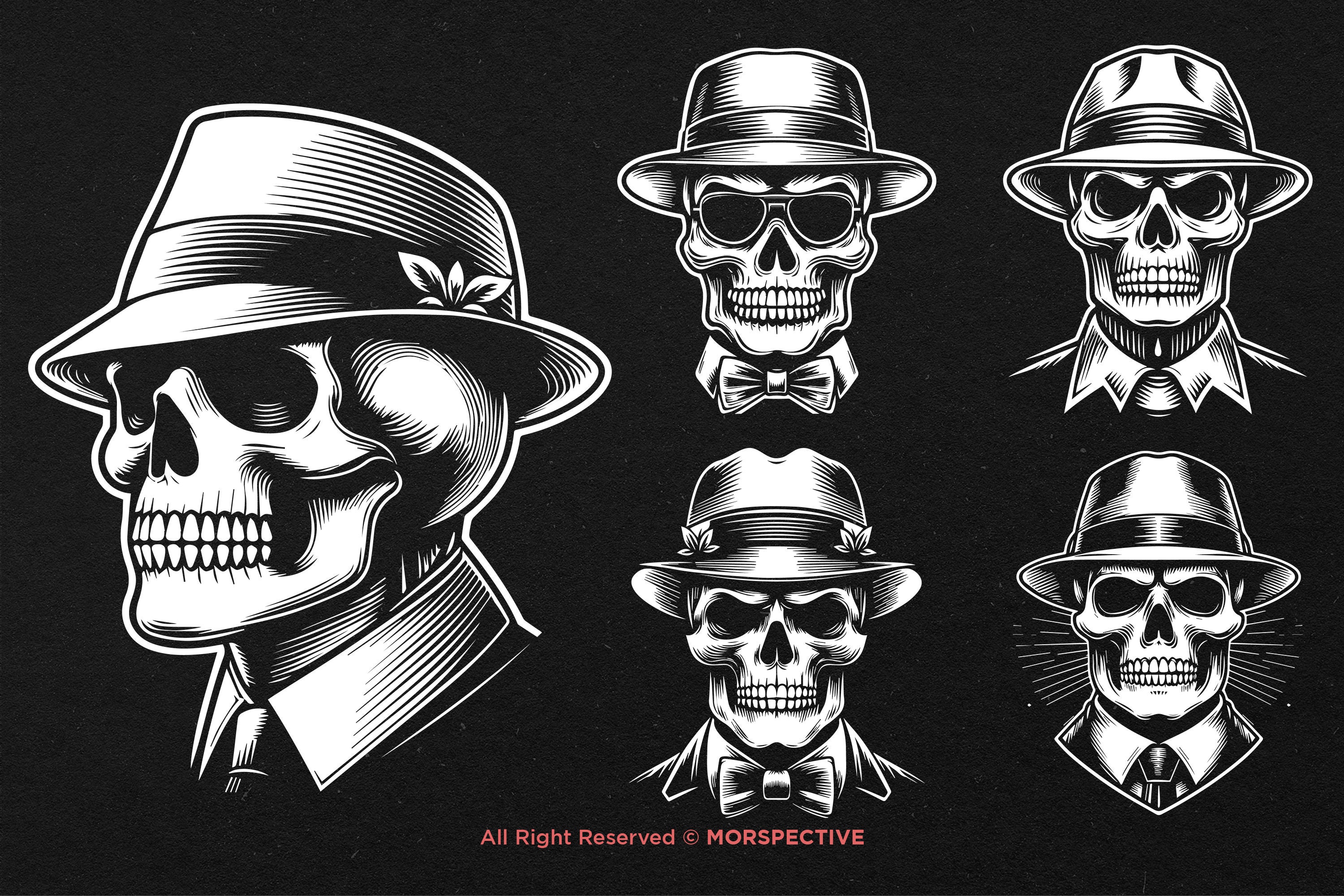 10 Bundle Dark Art Skull Mafia Head Hat and Collar Black and White Art ...
