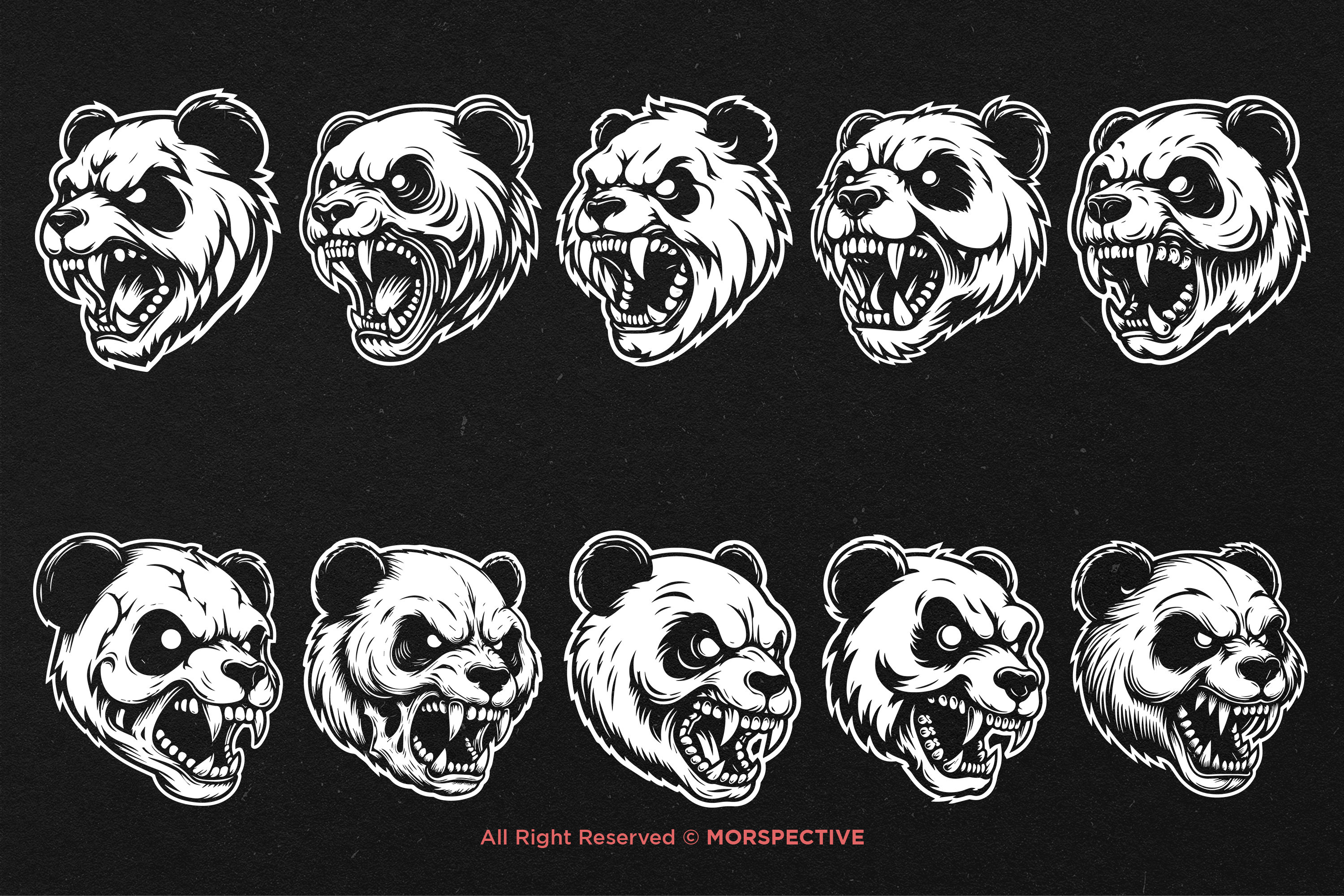 10 Bundle Dark Art Angry Skull Panda Head Black and White Illustration ...