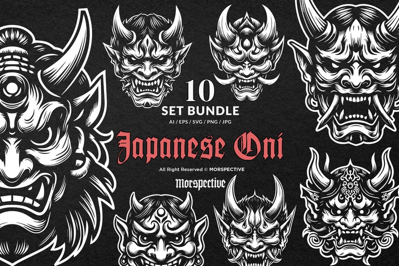10 Bundle Dark Art Scary Japanese Oni Mask Black and White Illustration ...