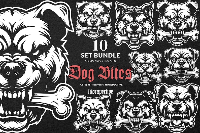 10 Bundle Dark Art Angry Dog Bites Bone Head Black and White Tattoo ...