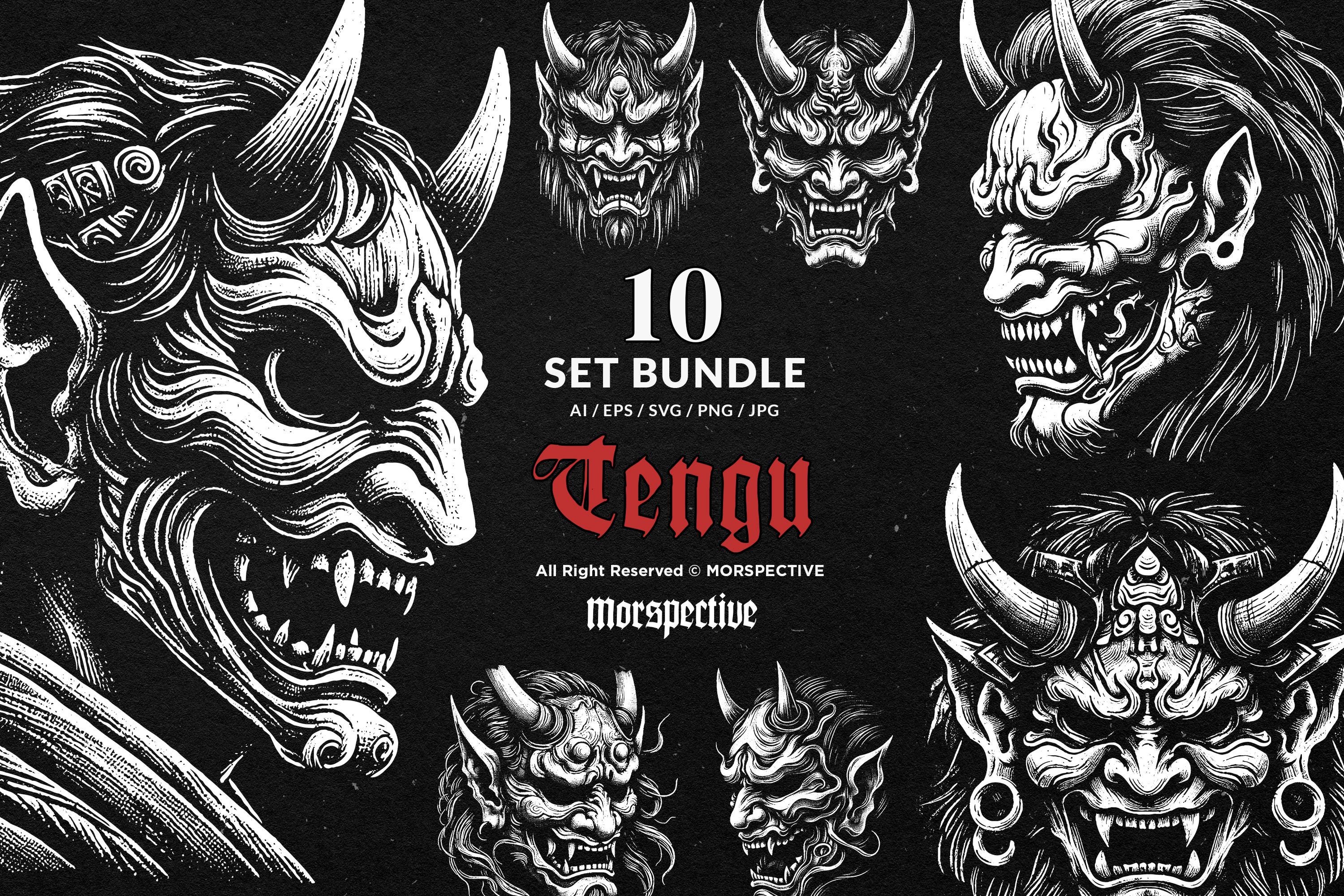 10 Bundle Dark Art Tengu Mask Hannya Oni Japanese Demon Tattoo Clipart Digital File Vector Ai ...