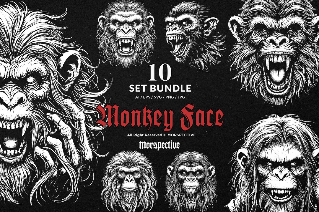 10 Bundle Dark Art Scary Monkey Face Apes Tattoo Clipart Digital File Vector Ai / Eps / Svg ...