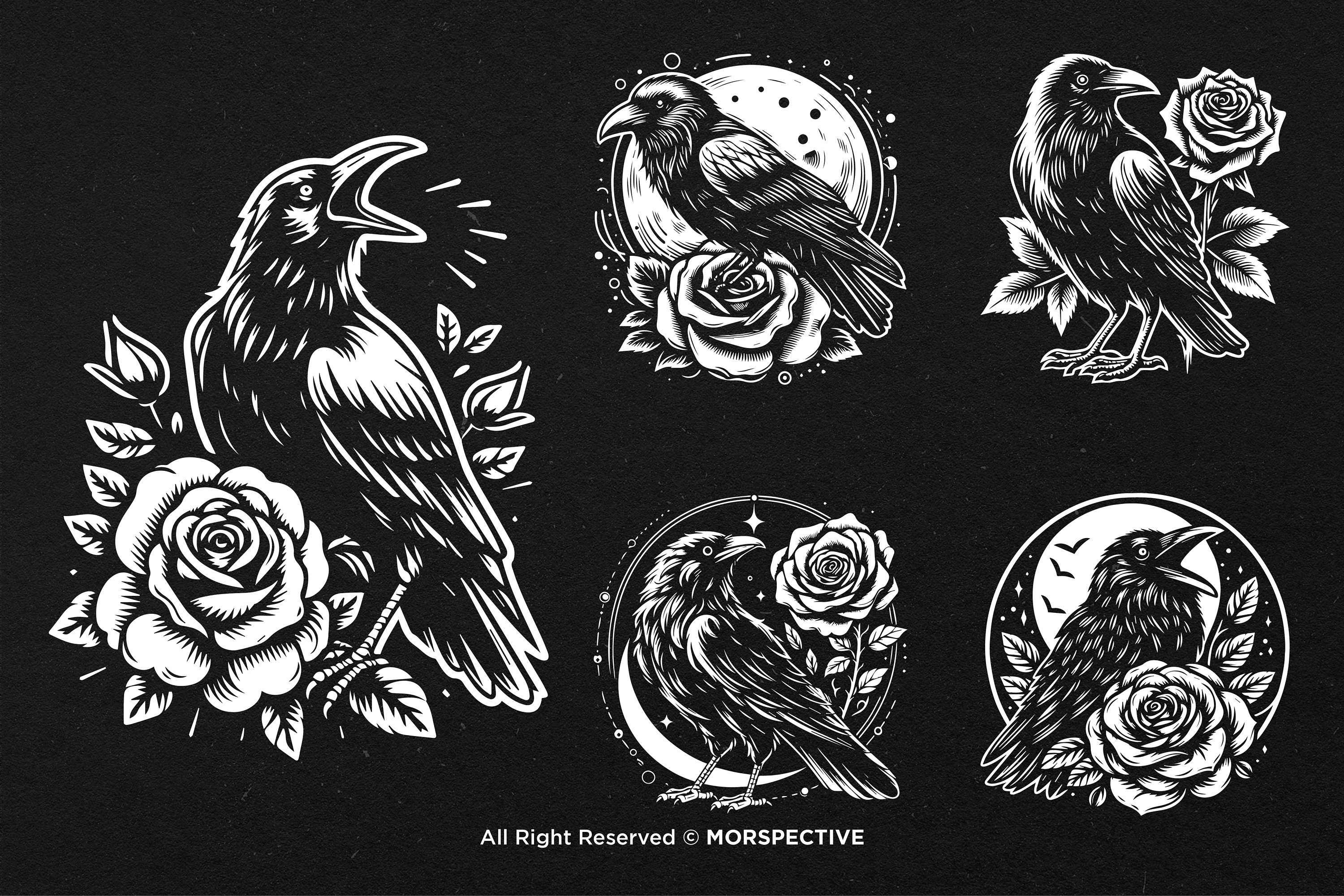 10 Bundle Dark Art Crow Raven Stand With Rose Flower Grunge Tattoo ...