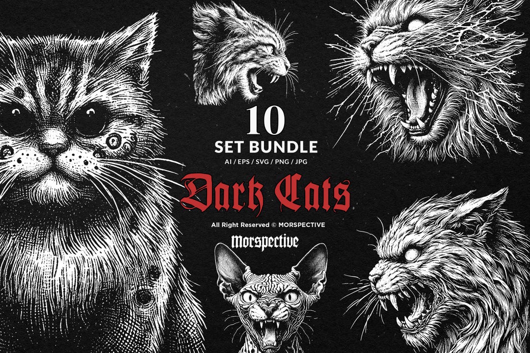 10 Bundle Dark Art Cats Gothic Horror Kitten Skeleton Skull Tattoo ...
