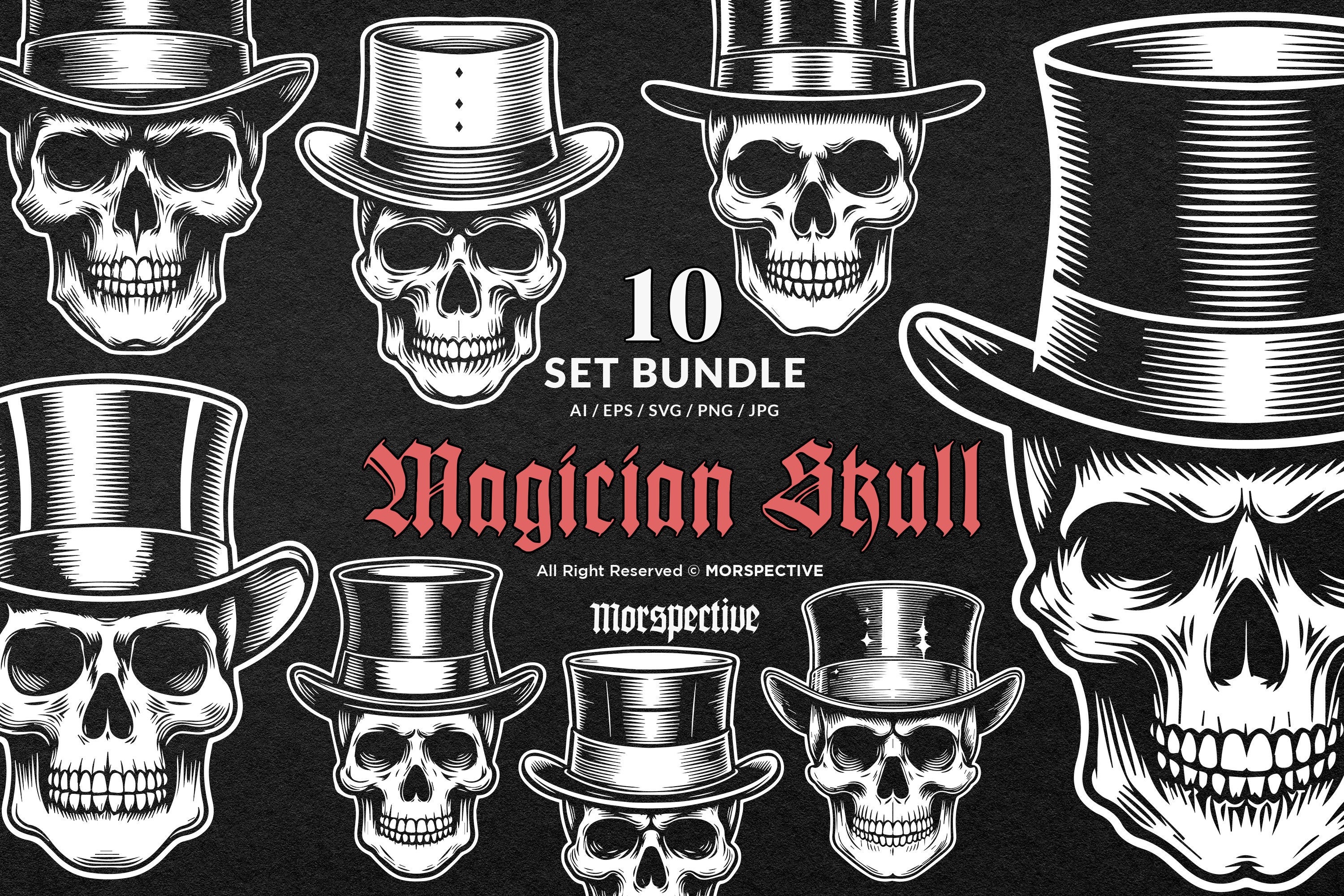 10 Bundle Dark Art Magician Skull Head Hat Black and White Illustration ...