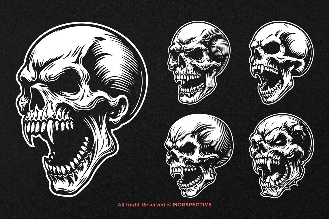 10 Bundle Dark Art Scary Skull Fang Head Black and White Illustration ...