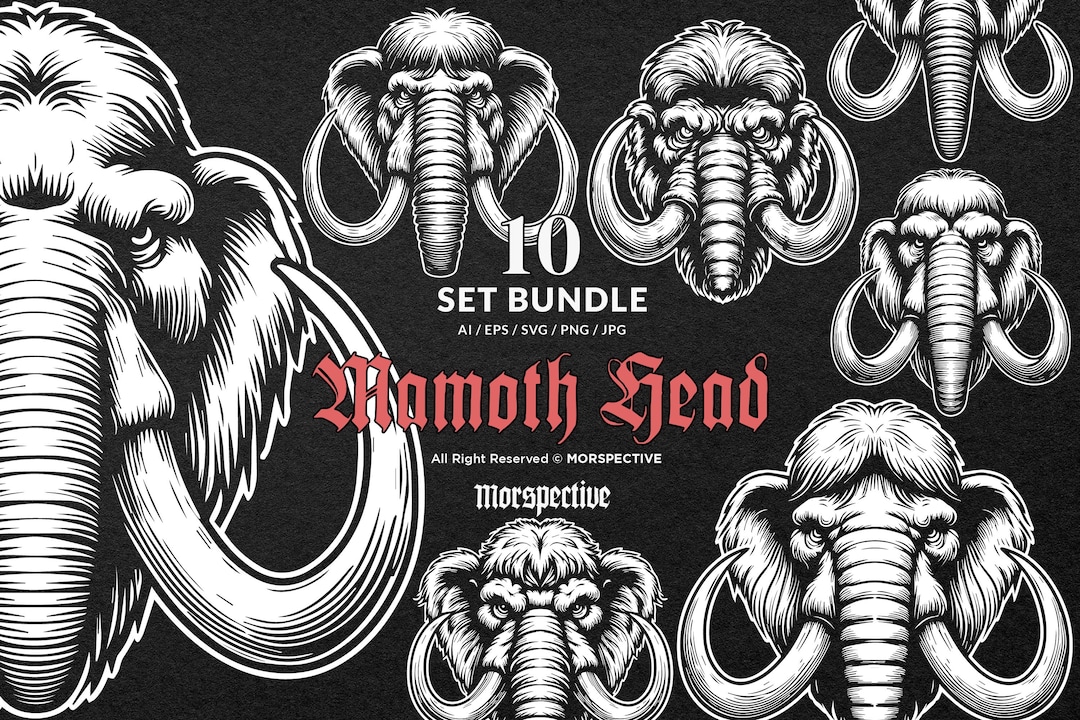 10 Bundle Dark Art Beast Mammoth Head With Long Tusks Black and White ...