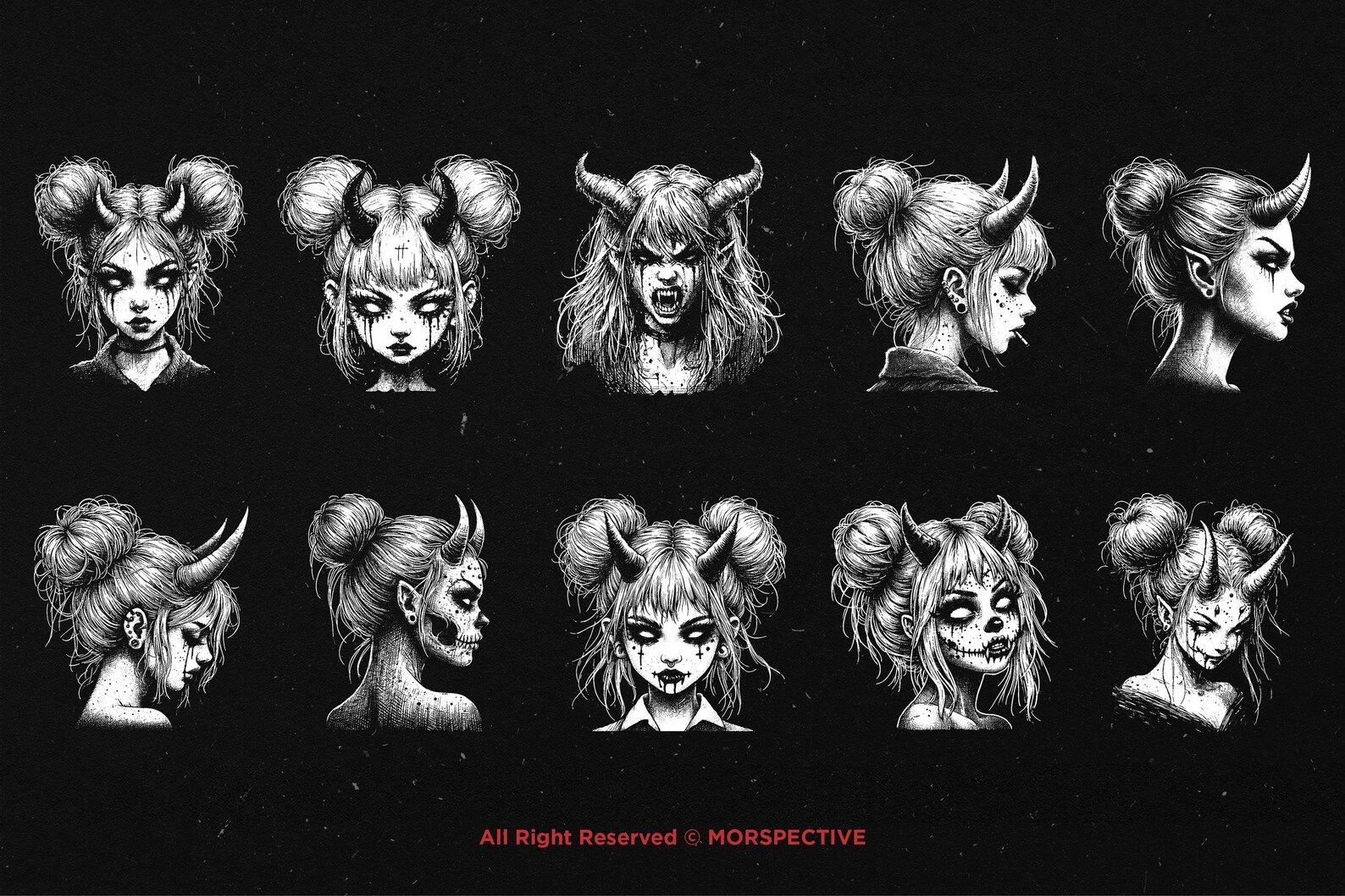 10 Bundle Dark Art Devil Girl Kids Demon Woman Face Hell Tattoo Clipart ...