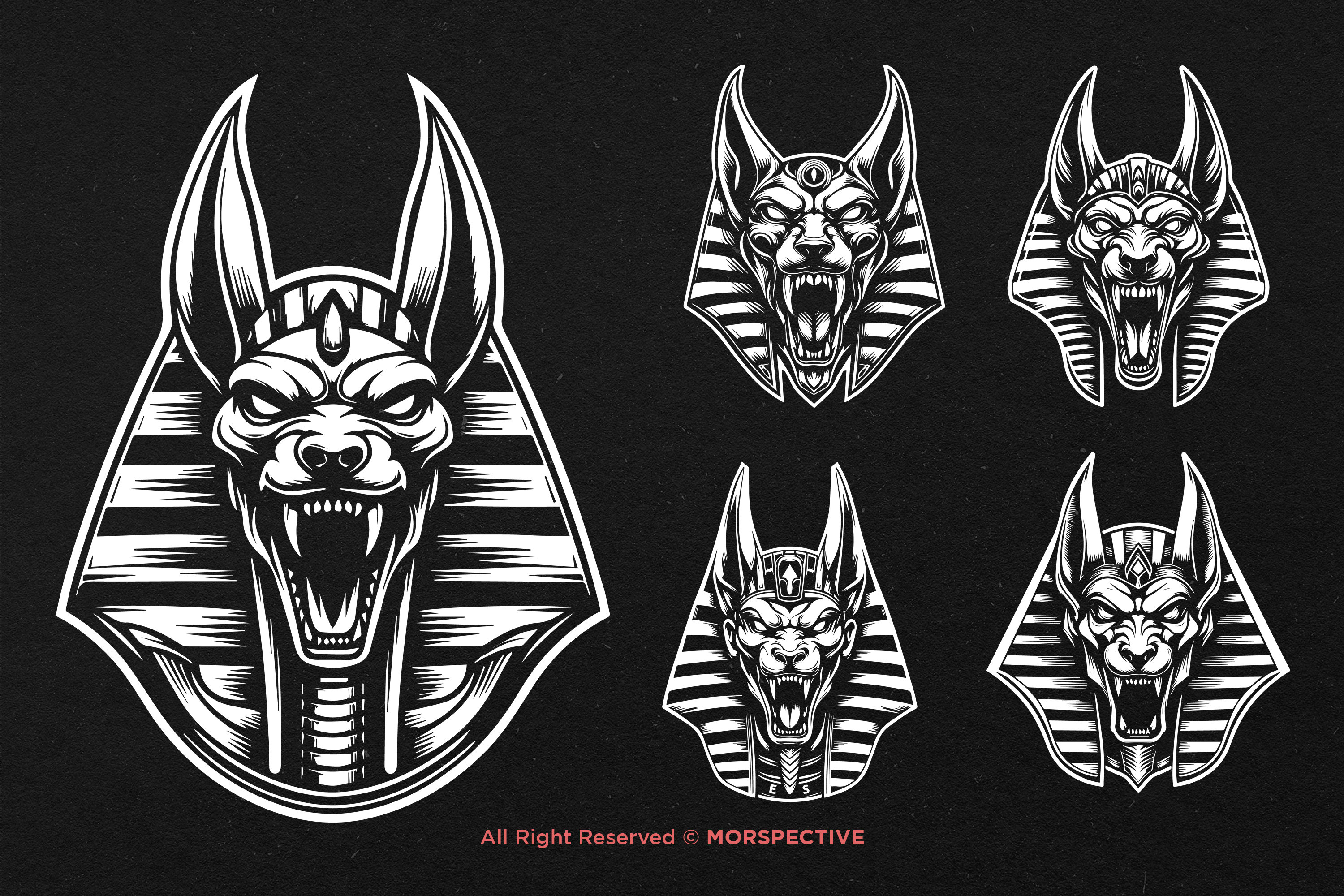 10 Bundle Dark Art Angry Anubis Head Black and White Illustration ...
