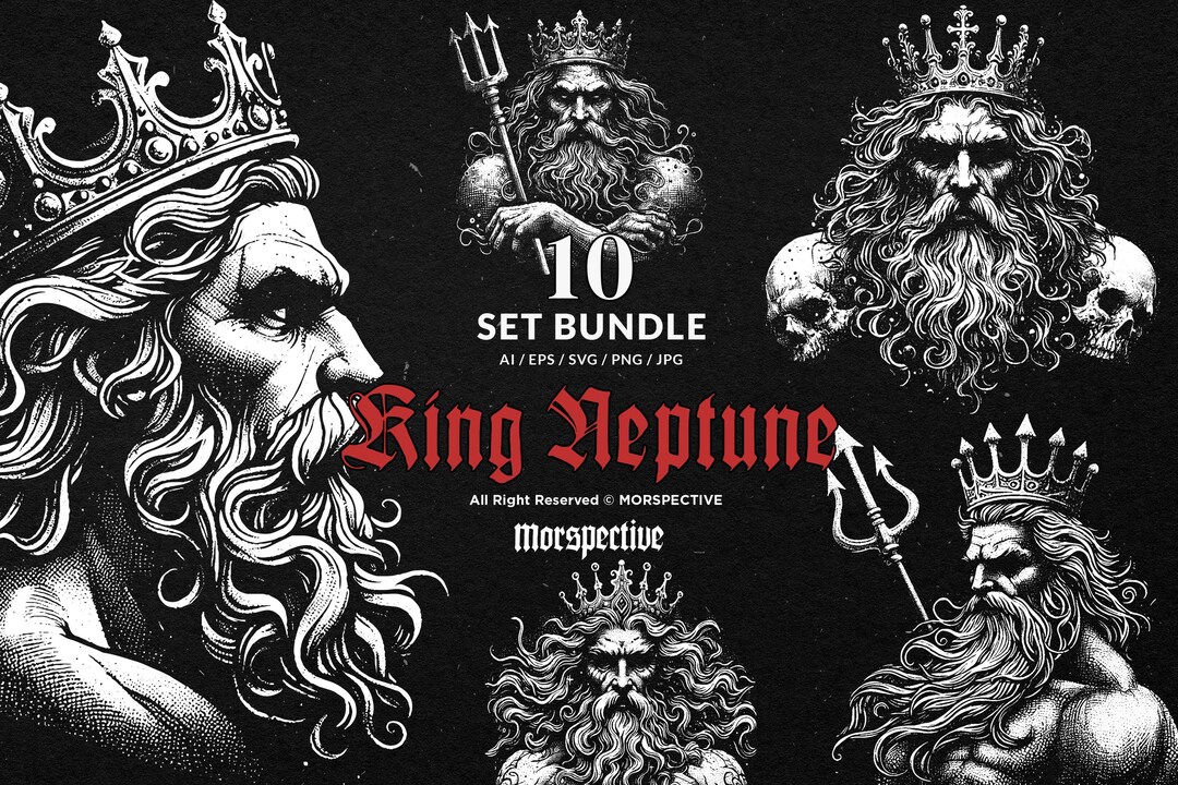 10 Bundle Dark Art King Neptune Sea Mystical Ocean Knight Hand Drawn ...