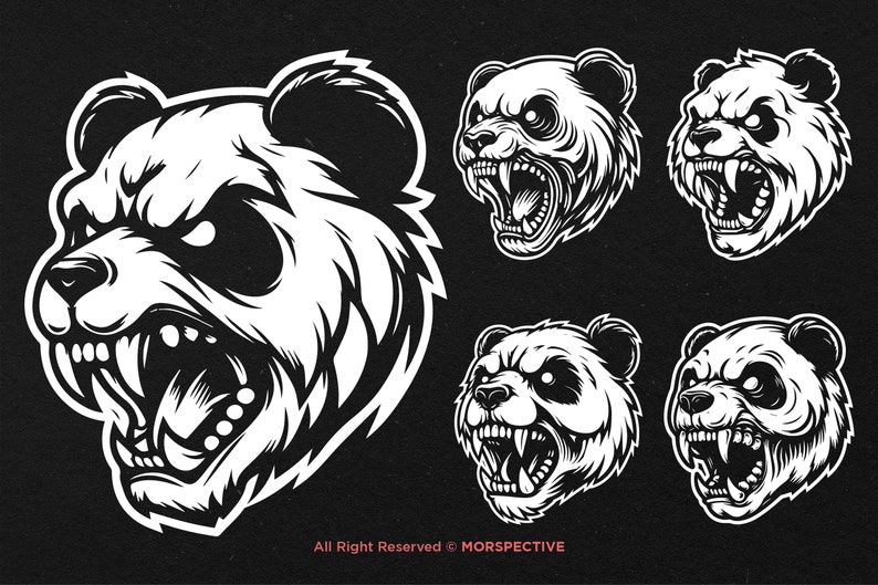 10 Bundle Dark Art Angry Skull Panda Head Black and White Illustration ...