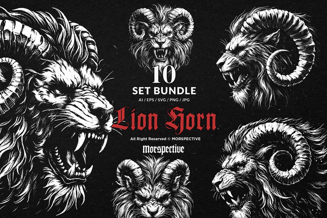 10 Bundle Dark Art Lion Horn King Jungle Wildcat Cat Skull Hand Drawn ...