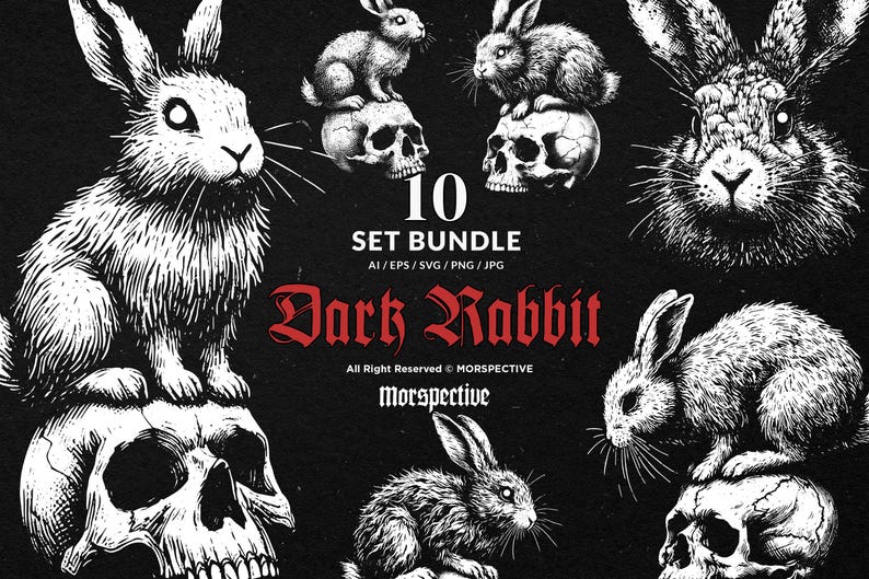 10 Bundle Dark Art Rabbit Skull Horror Gothic Tattoo Clipart Digital ...