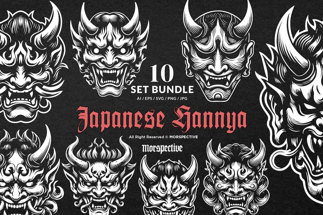 10 Bundle Dark Art Scary Japanese Hannya Mask Black White Illustration ...