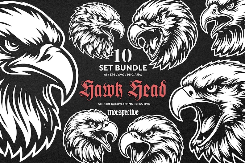 10 Bundle Dark Art Angry Hawk Head Maskot Black and White Illustration ...