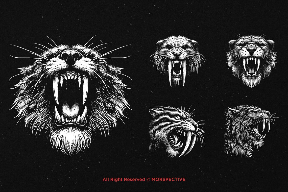 10 Bundle Dark Art Sabertooth Ancient Tiger Cat Fangs Beast Hand Drawn ...