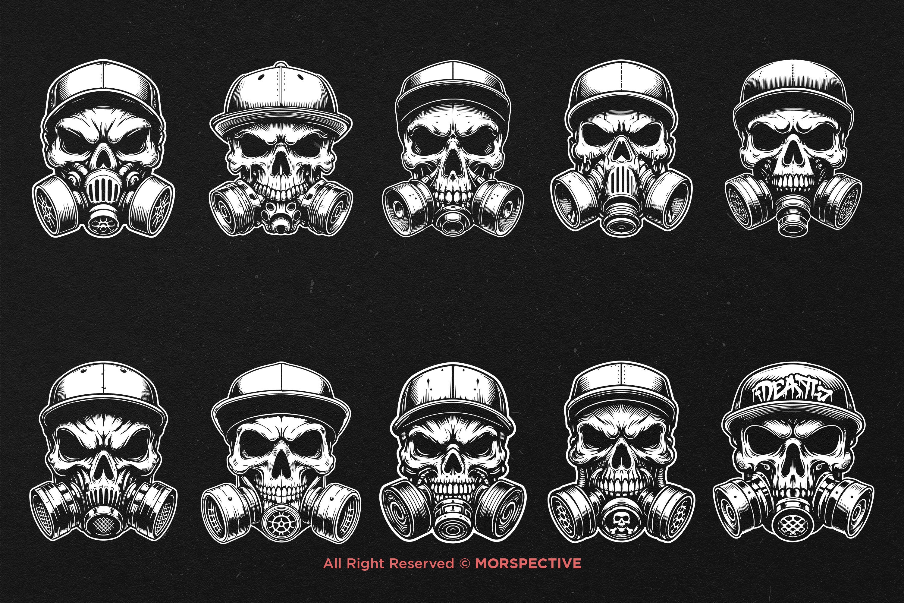 10 Bundle Dark Art Gangster Skull Head Use Gas Mask and Cap Hat Tattoo ...