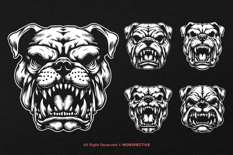 10 Bundle Dark Art Vicious Bulldog Skull Head Black and White Tattoo ...