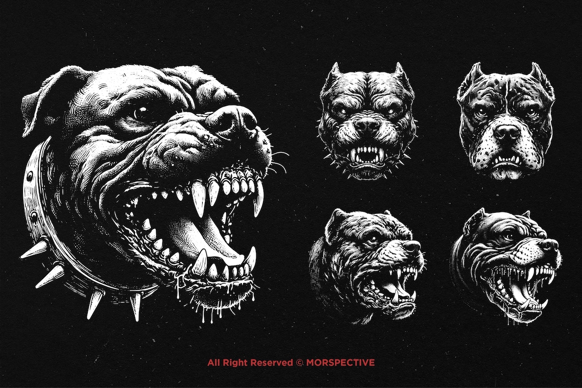 10 Bundle Dark Art Pitbull Dog Beast Fangs Angry Scary Tattoo Clipart ...