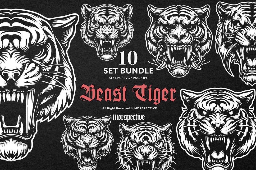 10 Bundle Dark Art Angry Beast Tiger Head Black and White Illustration ...