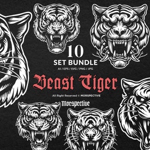 10 Bundle Dark Art Angry Beast Tiger Head Black and White Illustration ...