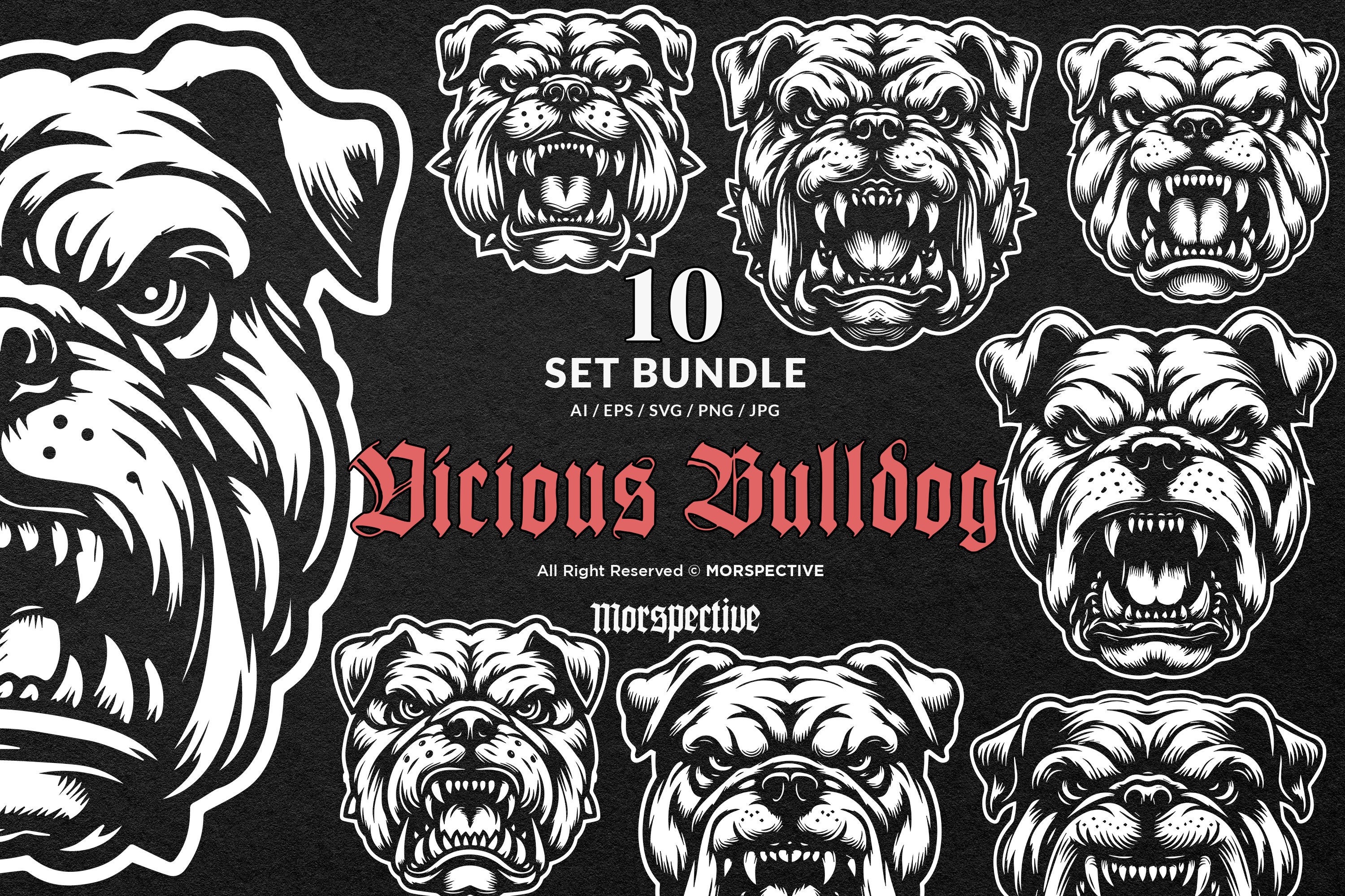 10 Bundle Dark Art Vicious Angry Beast Bulldog Head With Sharp Teeth ...
