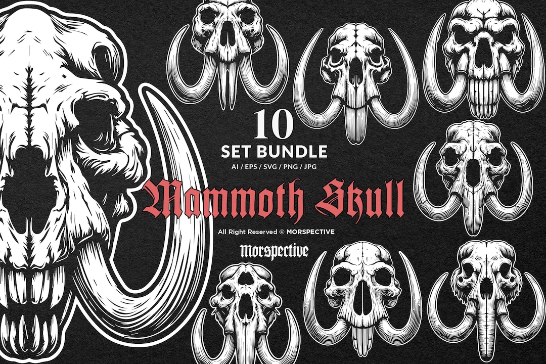 10 Bundle Dark Art Ancient Mammoth Skull Head Black and White Tattoo ...