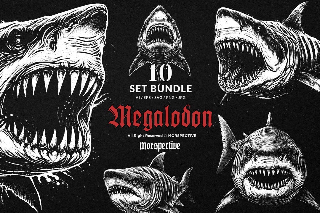 10 Bundle Dark Art Megalodon Fish Shark Ancient Animal Skull Hand Drawn ...