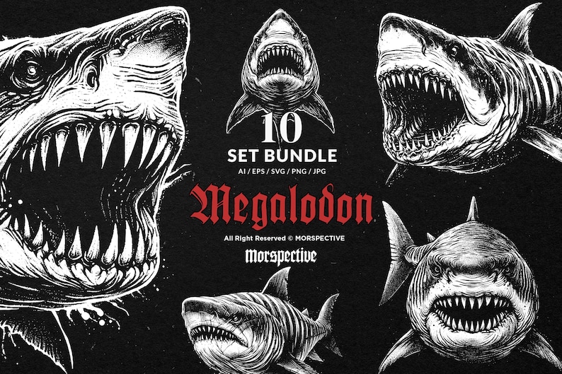 10 Bundle Dark Art Megalodon Fish Shark Ancient Animal Skull Hand Drawn ...