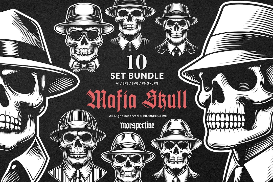 10 Bundle Dark Art Skull Mafia Head Hat and Collar Black and White Art ...