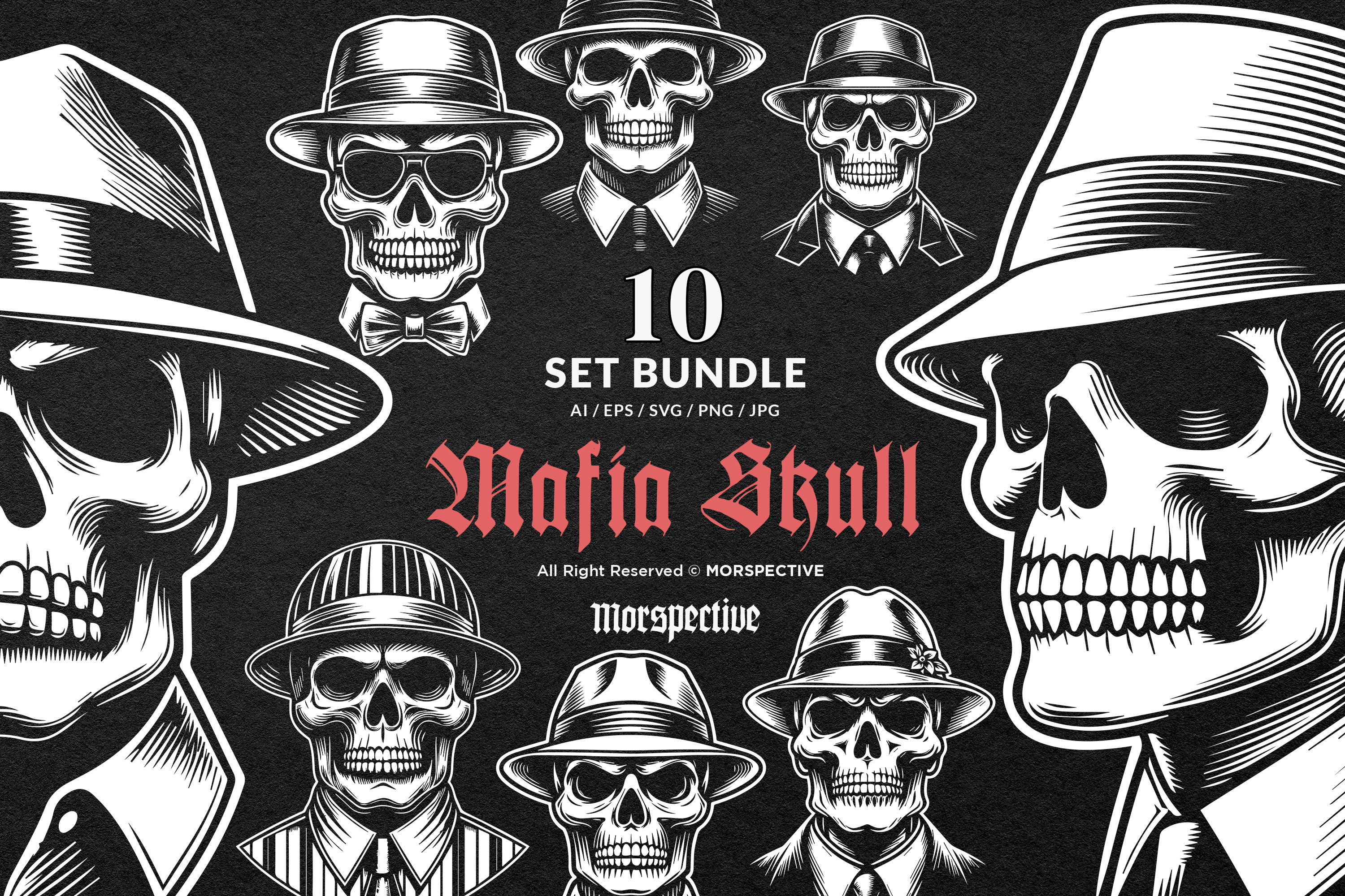 10 Bundle Dark Art Skull Mafia Head Hat and Collar Black and White Art ...